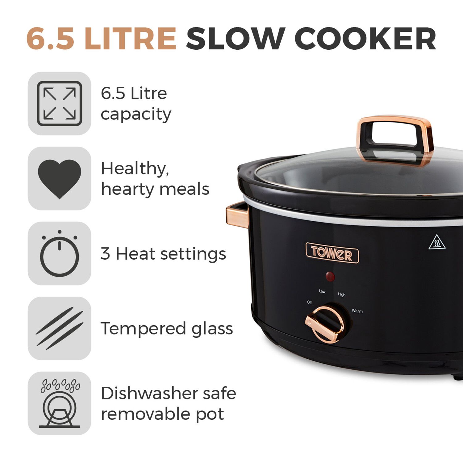 Tower Infinity 6.5L Black & Rose Gold Slow Cooker - Home Store + More